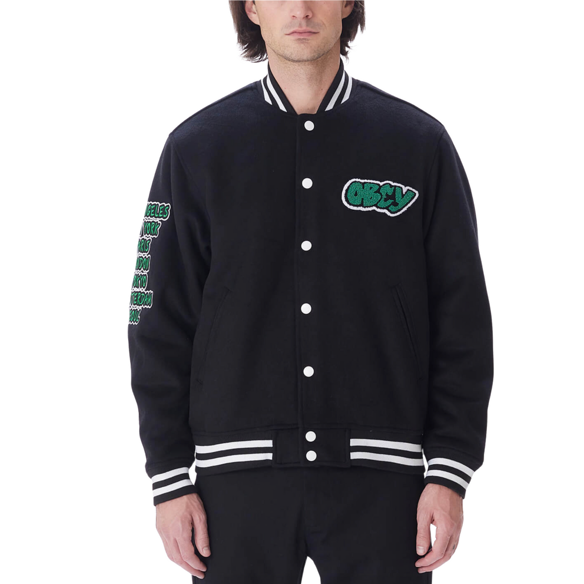 OBEY ROLL CALL VARSITY JACKET- BLACK – Scum Skateboarding